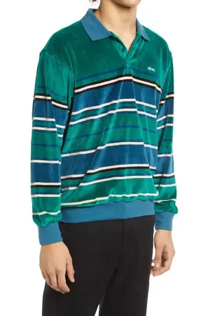 Obey Clifton Stripe Long Sleeve Velour Polo In Ivy Multi - 60% Off